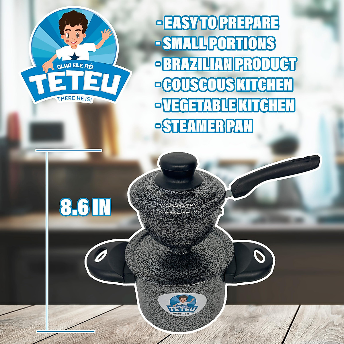 TETEU | Cuscuzeira Nordestino | Brazilian Couscous Pot Steamer Pot for Cooking, cuzcuzeira, couscous, Rice, Vegetables Durable Metal Pot with Handle, Small Portions | Gray crackle Color - 12oz