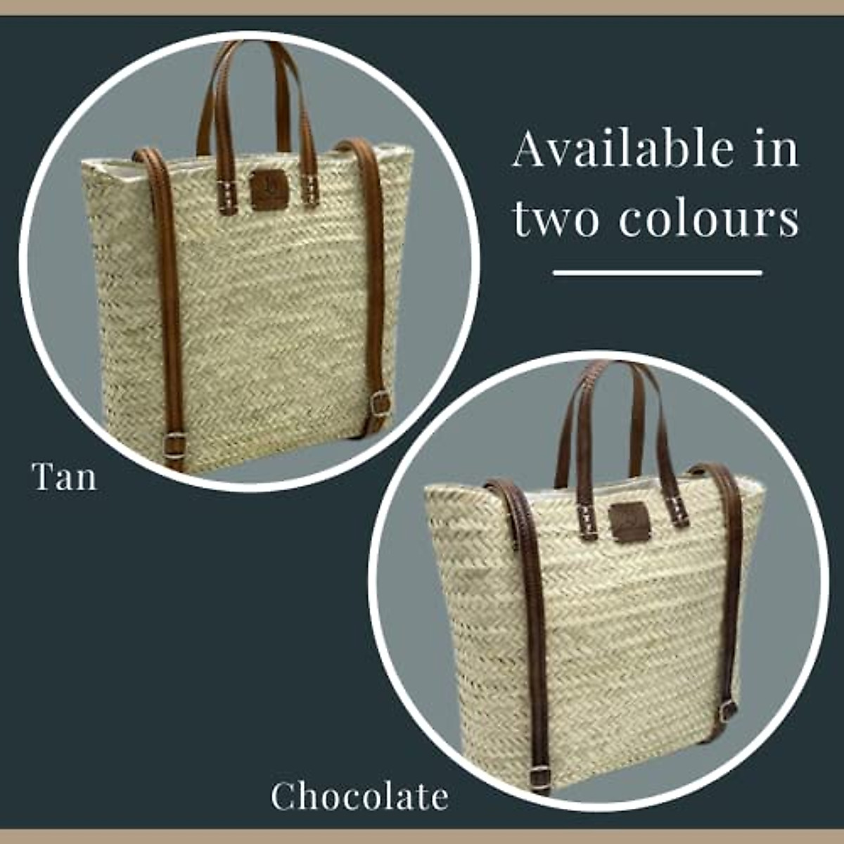 LA Collections Natural Straw and Leather Bag, Backpack, Tote, Adjustable Leather Straps, Perfect for Beach, Shopping, Market, Picnic, Music festival. Handcrafted by Moroccan artisans.