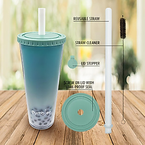 Bumbler 24oz Large Reusable Portable Eco-Friendly Tumbler | Drinking Cup with Wide Soft Tip Straw, Aesthetic Leak-Proof Lid – for Boba Tea, Smoothies, Iced Coffee, Hot or Cold Drinks – Fresh Mint
