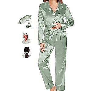 WJing Yi Jia Womens Pajama Set Silk Satin Pajamas Long 2pc Pjs Button Down Sleepwear Pj Set Loungewear