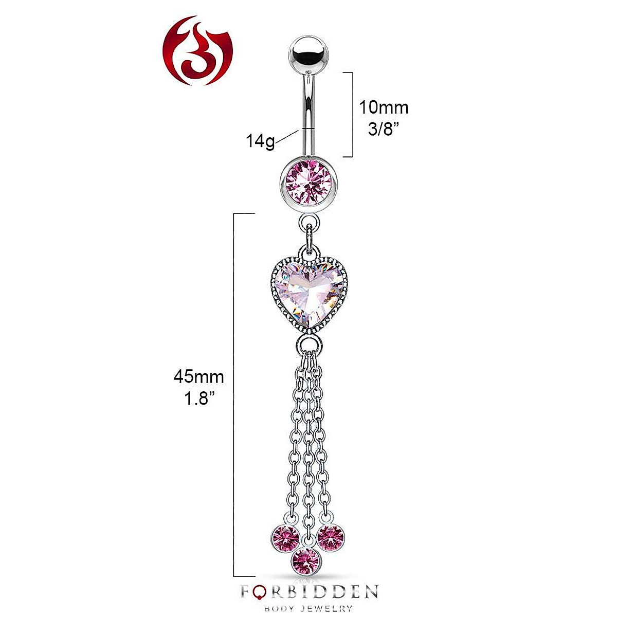 Forbidden Body Jewelry Surgical Steel Dangle Belly Button Ring Featuring CZ Heart and Chains, Pink
