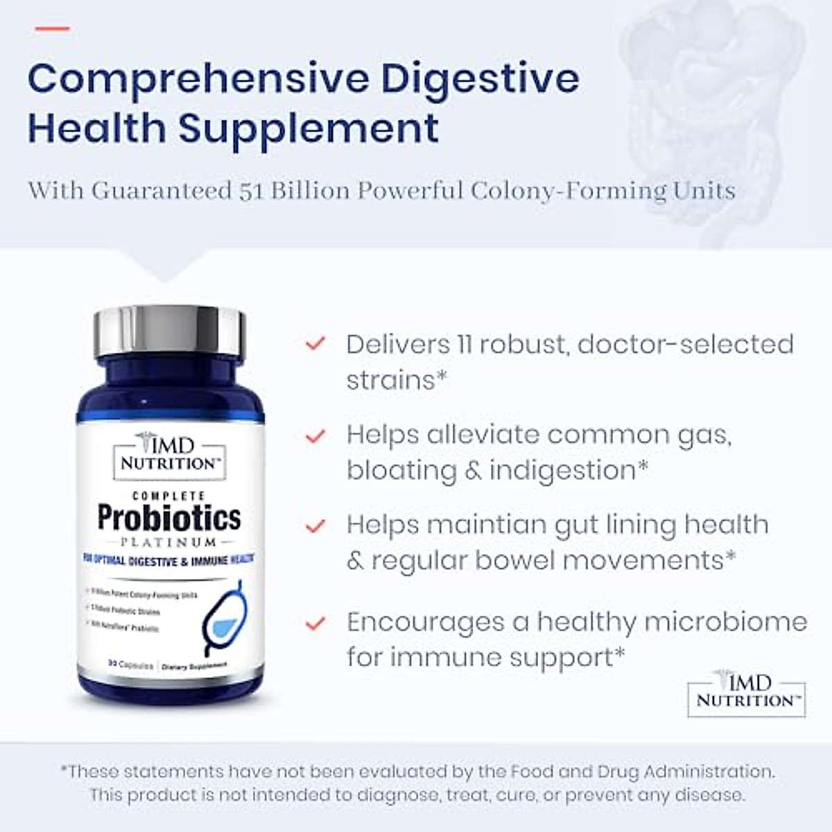 1MD Nutrition Complete Probiotics Platinum - w/Prebiotics and Probiotics for Digestive Health - Probiotic Supplement for Women & Men - More Than 50 Billion Live CFU 11 Strains Dairy-Free - 30 Caps