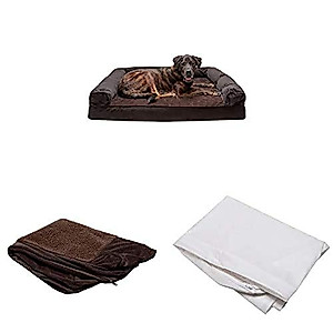 Furhaven Pet Bundle - Jumbo Plus Coffee Memory Foam Faux Fleece & Chenille Sofa, Extra Dog Bed Cover, & Water-Resistant Mattress Liner for Dogs & Cats