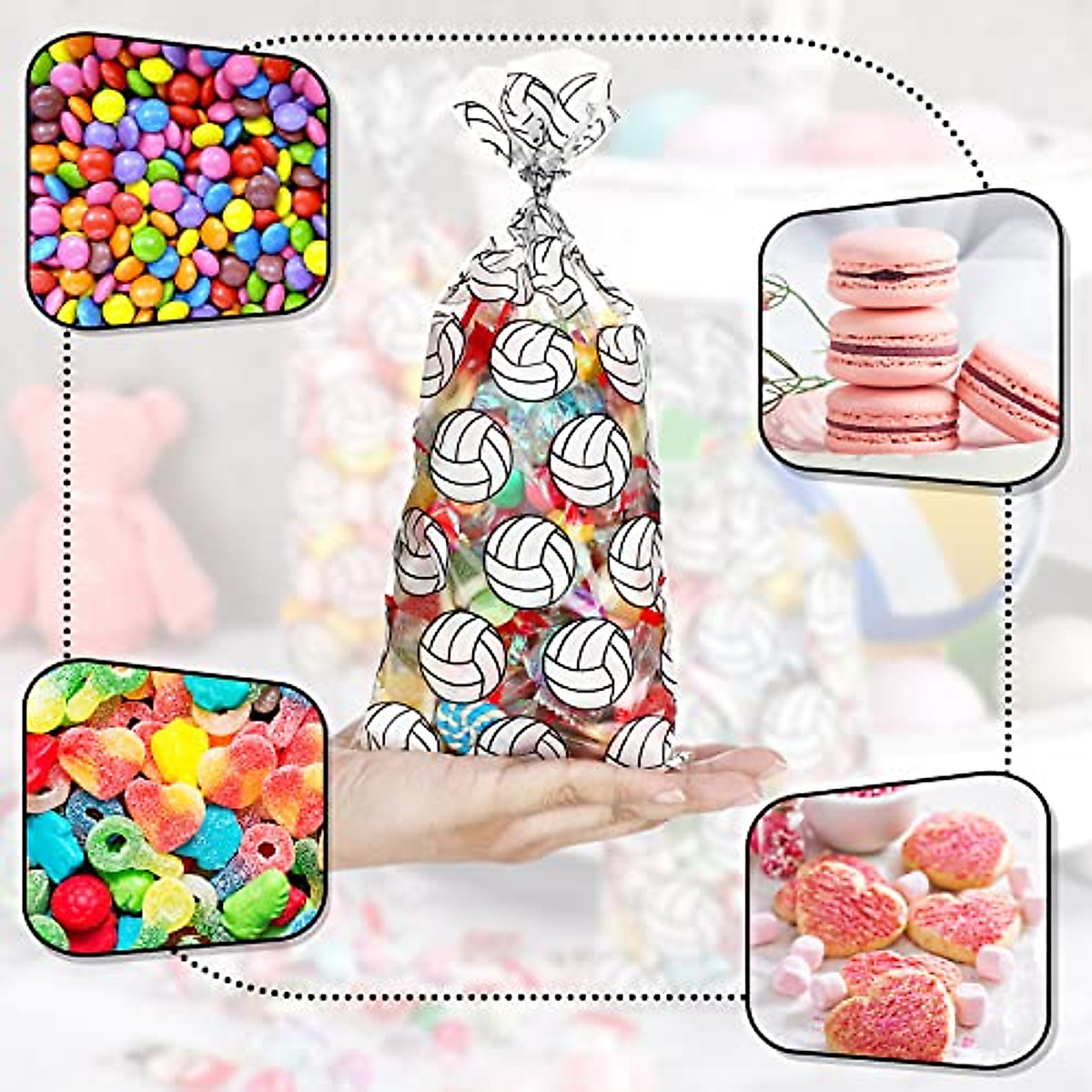 Outus 100 Pieces Volleyball Bags Volleyball Gifts Bags Volleyball Treat Bags Volleyball Print Cellophane Goody Bags with 200 Pieces Twist Ties for Birthday Party Supplies Goody Favor (Transparent)