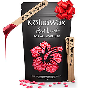 KoluaWax Hard Wax Beads for Hair Removal – Coarse Hair Formula – Face, Brazilian, Underarm, Back Chest, Bikini Waxing – Dragon Fruit & Hibiscus, 1lb Refill for Wax Warmers & 10 Applicator Sticks
