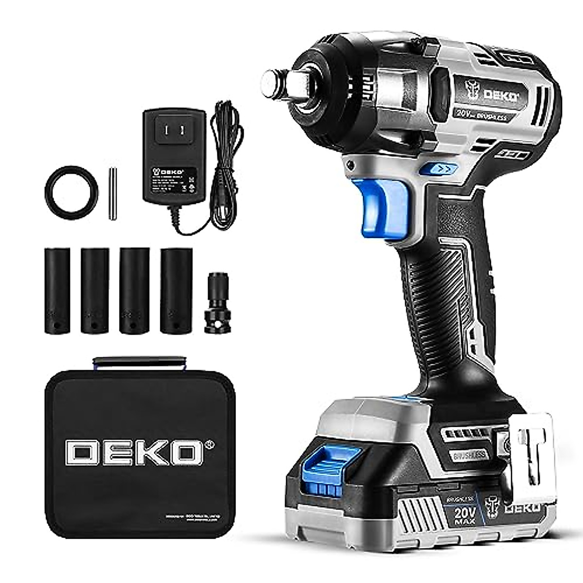 DEKOPRO 20V Cordless Impact Wrench, 1/2 Inch Chuck, 3200 RPM, 258 ft-lbs Max Torque, Li-ion Battery, Fast Charger, Tool Bag