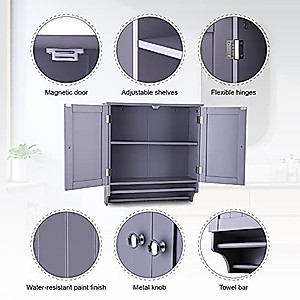 Sophia & William Medicine Cabinet with Double Door, Bathroom Wall Mounted Storage Cabinet with Adjustable Shelf & Towel Bar for Bathroom Kitchen Toilet Living Room, Grey