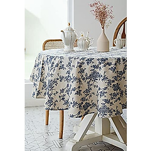 Pastoral Round Tablecloth - 60 Inch Dia. - Linen Fabric Table Cloth - Washable Table Cover with Dust-Proof Wrinkle Resistant for Restaurant, Picnic, Indoor and Outdoor Dining, Floral (Dark Blue)