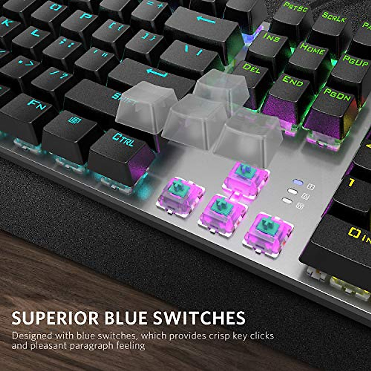 Fiodio Mechanical Gaming Keyboard, Fantastic LED Rainbow Backlit Wired Keyboard, Full Anti-Ghosting Keys, with Quick-Response Blue Switches and Multimedia Control for PC and Desktop Computer