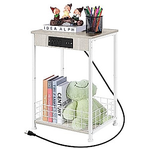 smusei White Nightstand Bedroom End Table with Charging Station Sturdy Bed Side Table for Living Room, Narrow Bedside Night Stands with Storage and USB Ports for Small Spaces Sofa Couch