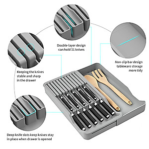 Knife Block Drawer Insert,Steak Knife Drawer Organizer,Knife Holder With Storage Tray, Kitchen Drawer Organizer for 11 Knives (Knife Not Included),Large Capacity,Saves Space,Gray