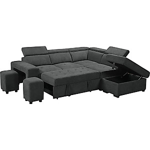 Lilola Home Henrik Dark Gray Sleeper Sectional Sofa with Storage Ottoman and 2 Stools