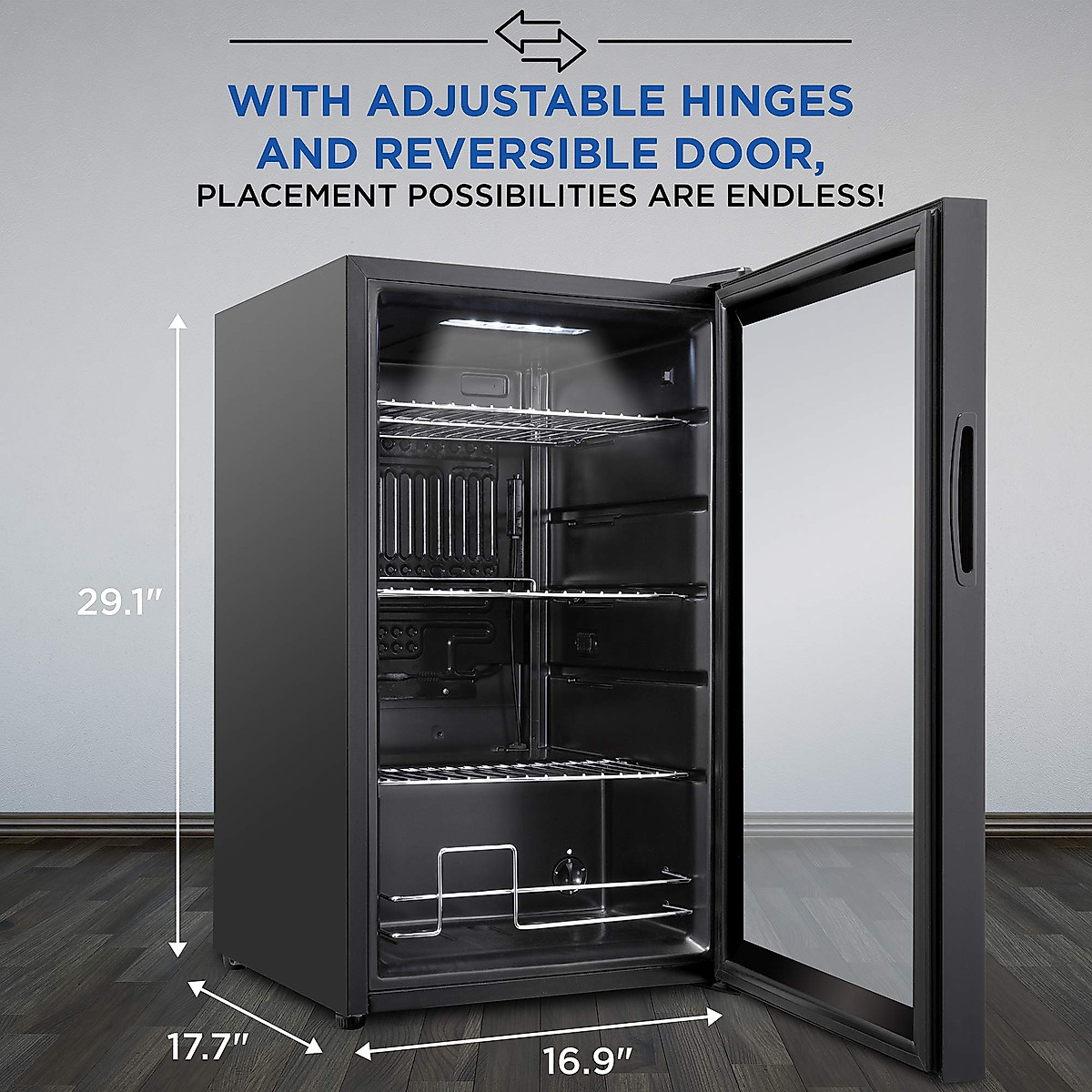 Ivation 101 Can Beverage Refrigerator | Freestanding Ultra Cool Mini Drink Fridge | Beer, Cocktails, Soda, Juice Cooler for Home & Office | Reversible Glass Door & Adjustable Shelving - Black