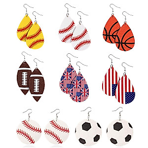 Wremily 8 Pairs Teardrop Leather Baseball Earrings For Sport Lover USA Flag Statement Leaf Leather Dangle Earring Set For Women Lightweight