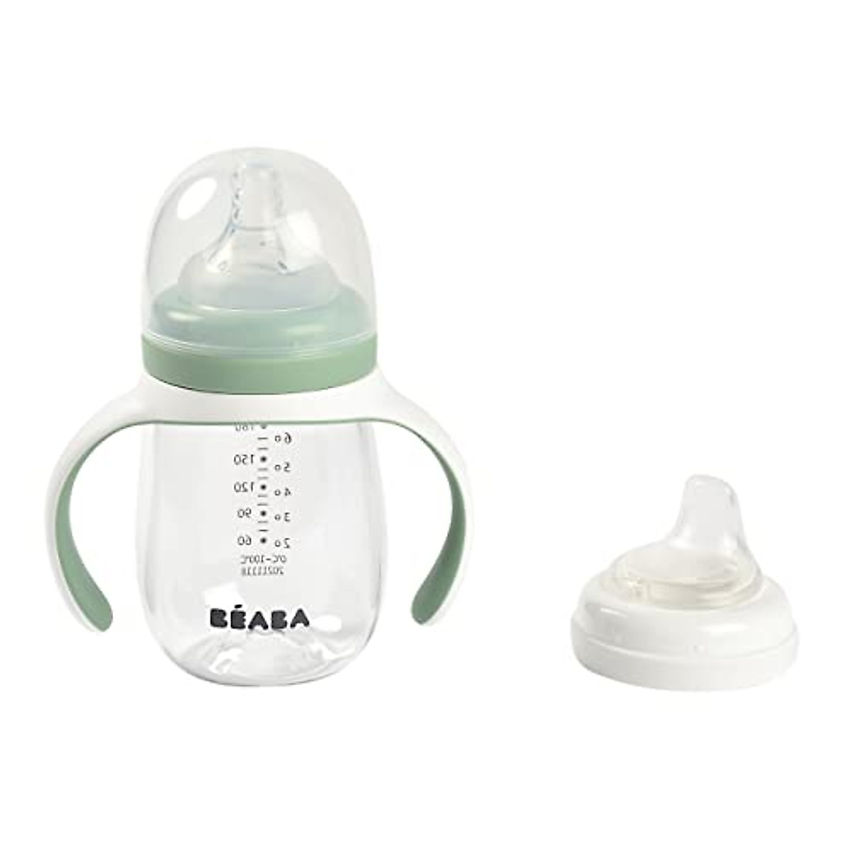BEABA 2-in-1 Baby Bottle to Training Sippy Cup, Learning Cup, Baby Bottle Nipple and Soft Silicone Sippy Spout, Spill Proof, Baby, Toddler 7 oz (Sage)