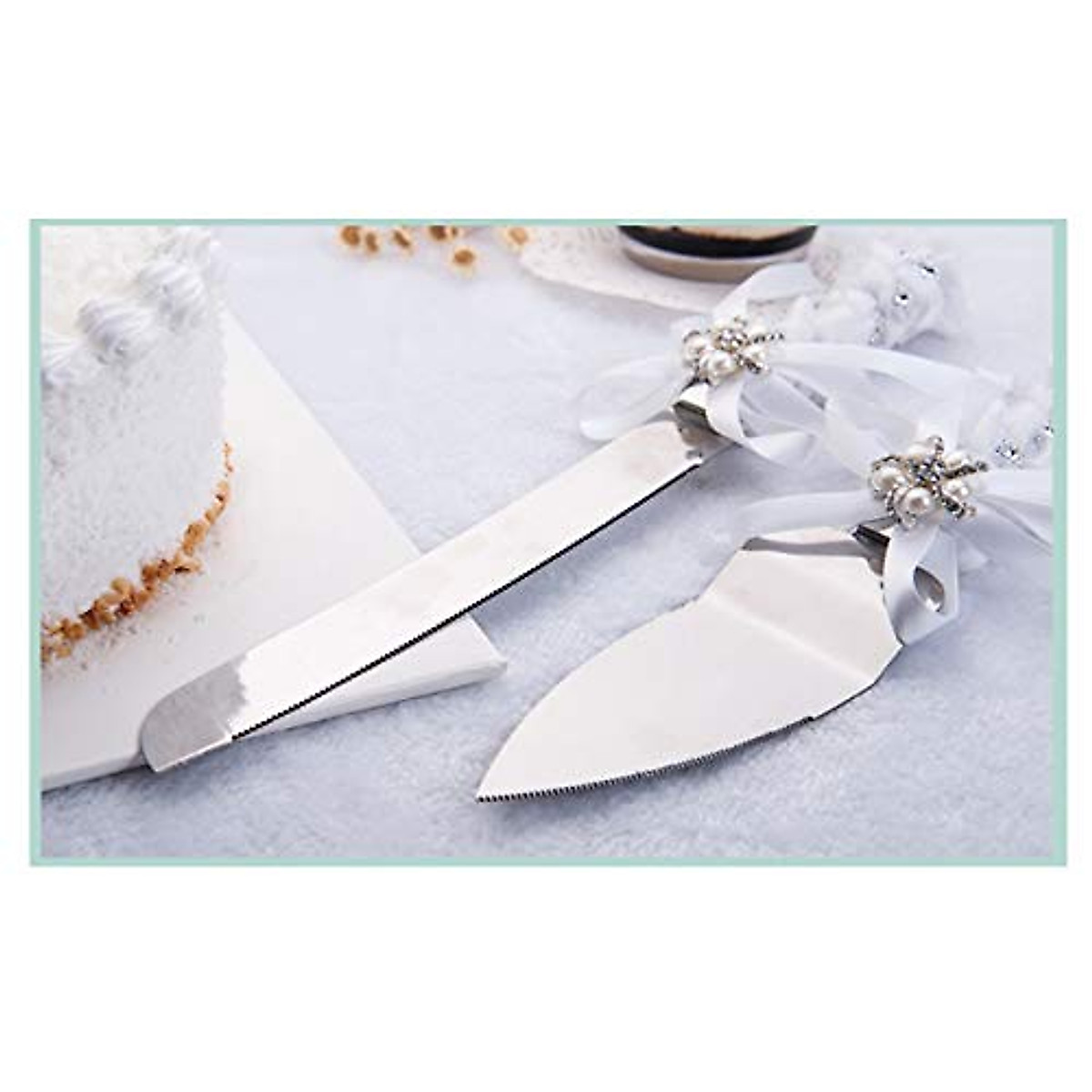 TIHOOD Set of 2 Rustic Wedding Cake Knife and Serving Set with Twine Heart Love Wood Tag Burlap Lace Wedding Cake Knife