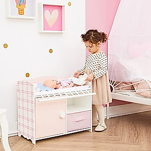 Olivia's Little World Polka Dot Princess Wooden Baby Doll Crib with Under-The-Crib Storage Featuring a Cabinet with Door and Two Cubbies, Pink and White