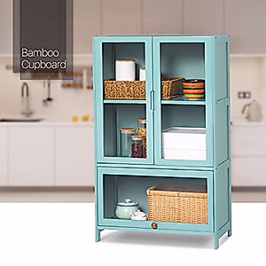 MoNiBloom Bamboo Storage Cabinet with Doors 3 Tier Bamboo Sideboard Floor Standing Cupboard Display Shelf for Dining Room Kitchen Living Room, Green