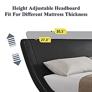 Allewie King Size Upholstered Platform Bed Frame with Ergonomic & Adjustable Headboard, Low Profile Sleigh Design for Elegant Bedroom - No Box Spring Needed, Easy Assembly, Black