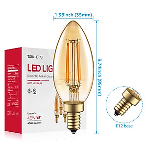 TORCHSTAR Dimmable E12 LED Candelabra Bulb, UL Listed, 40W Equivalent Chandelier Light Bulbs, 350lm, LED Filament Candle Bulb C11, Amber Glass Ceiling Fan Light Bulbs, 2200K Amber Warm, Pack of 6