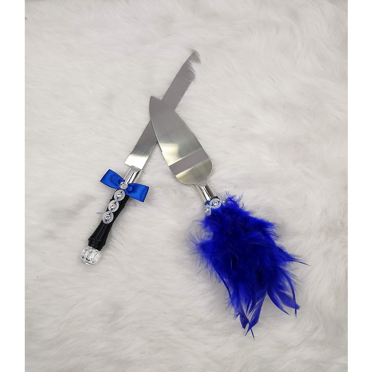 Abbie Home Wedding Cake Knife and Server Set - Royal Blue Feather Dress Black Suit Rhinestone Decorated Bride and Groom Cake Tool, Set of 2 (Cake knife set)