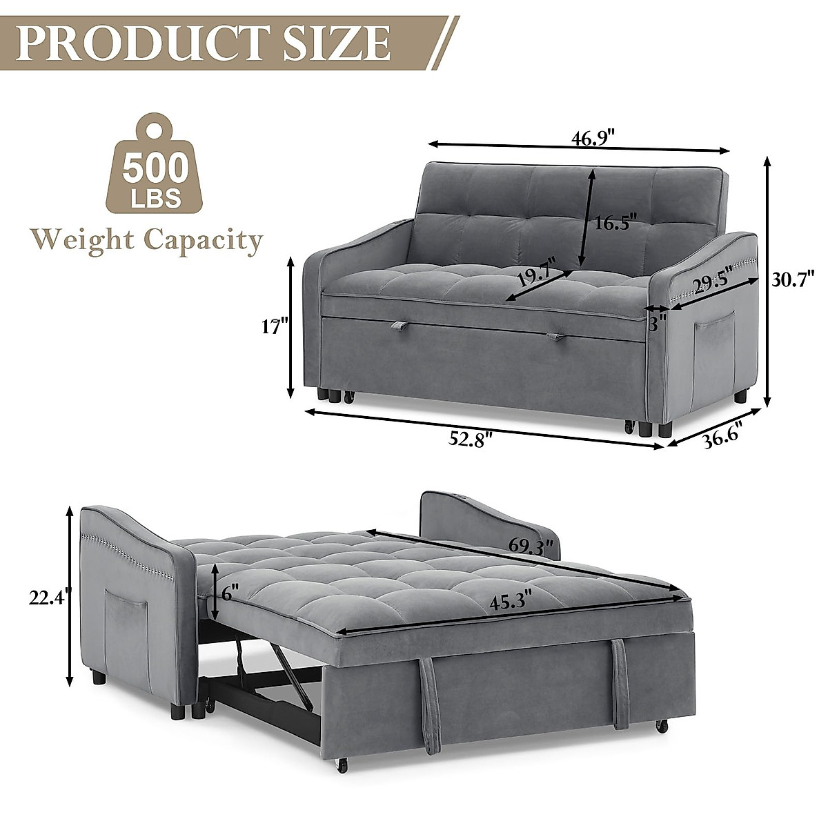 JEEOHEY Sleeper Sofa Couch with Type C, USB Port, 3 in 1 Modern Velvet Convertible Loveseat Sofa w/Pull Out Bed, Curved Armrest for Small Space Livingroom Apartment Office, Grey