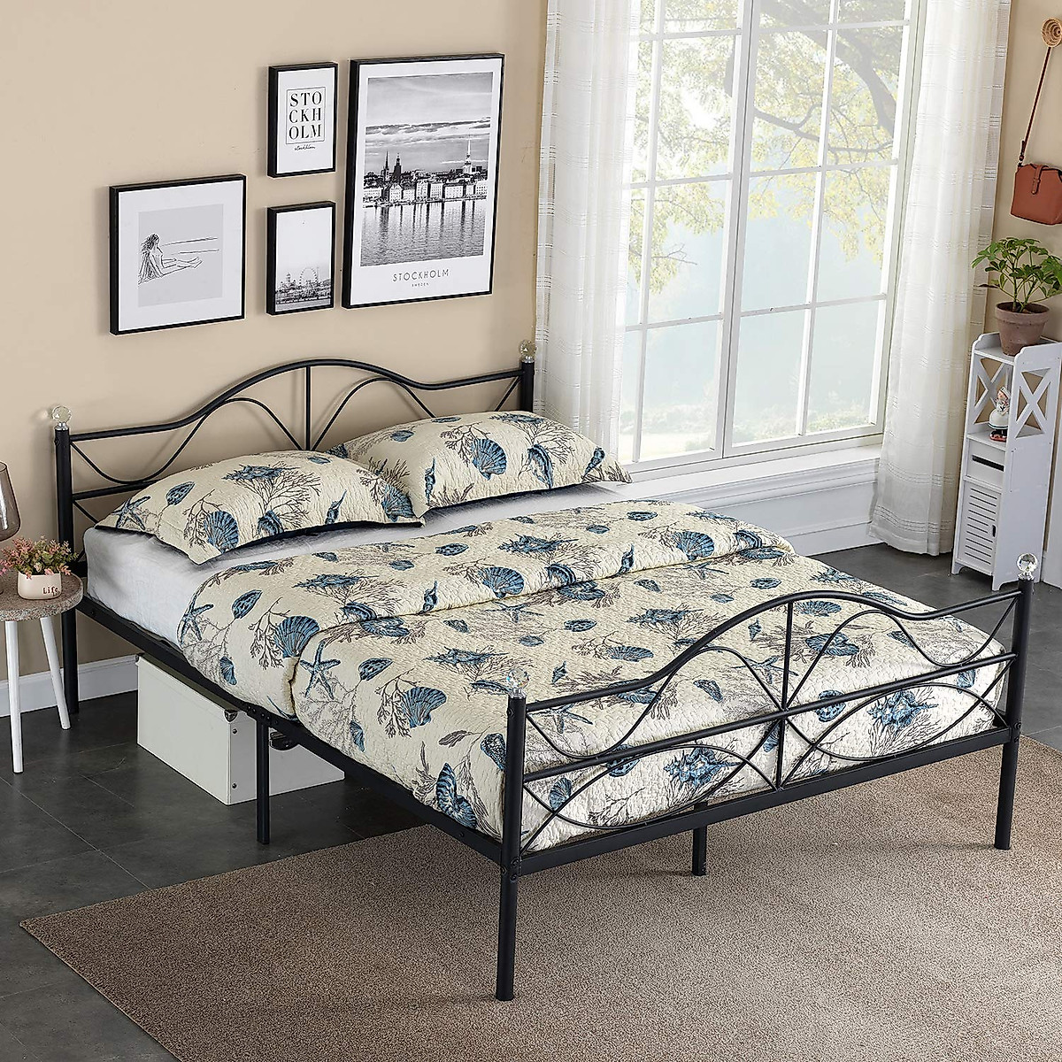 VECELO Full Size Bed Frame Metal Mattress Foundation,Platform Bed with Box Spring Replacement Headboard, Deluxe Crystal Ball Stylish,Matte Black