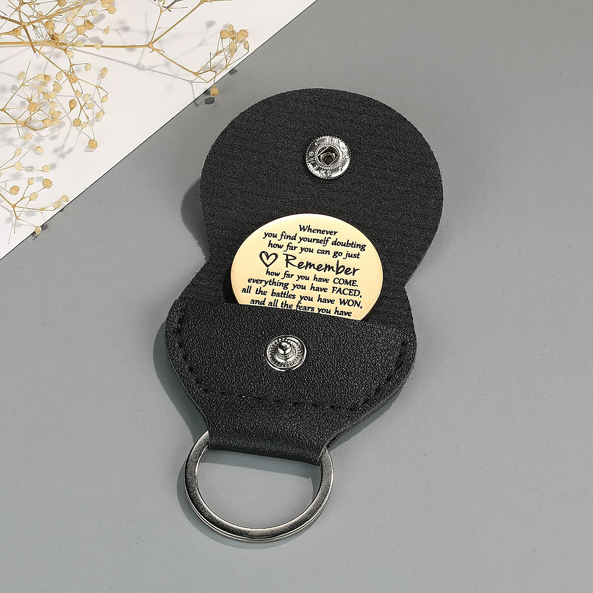 MIXJOY Little Pocket Hug Token Positive Affirmations Keepsake, Cancer Survivor Recovery Celebrate Sobriety Support Cheer Up Gifts for Men, Thinking of You Gift with PU Leather Keychain (Gold)