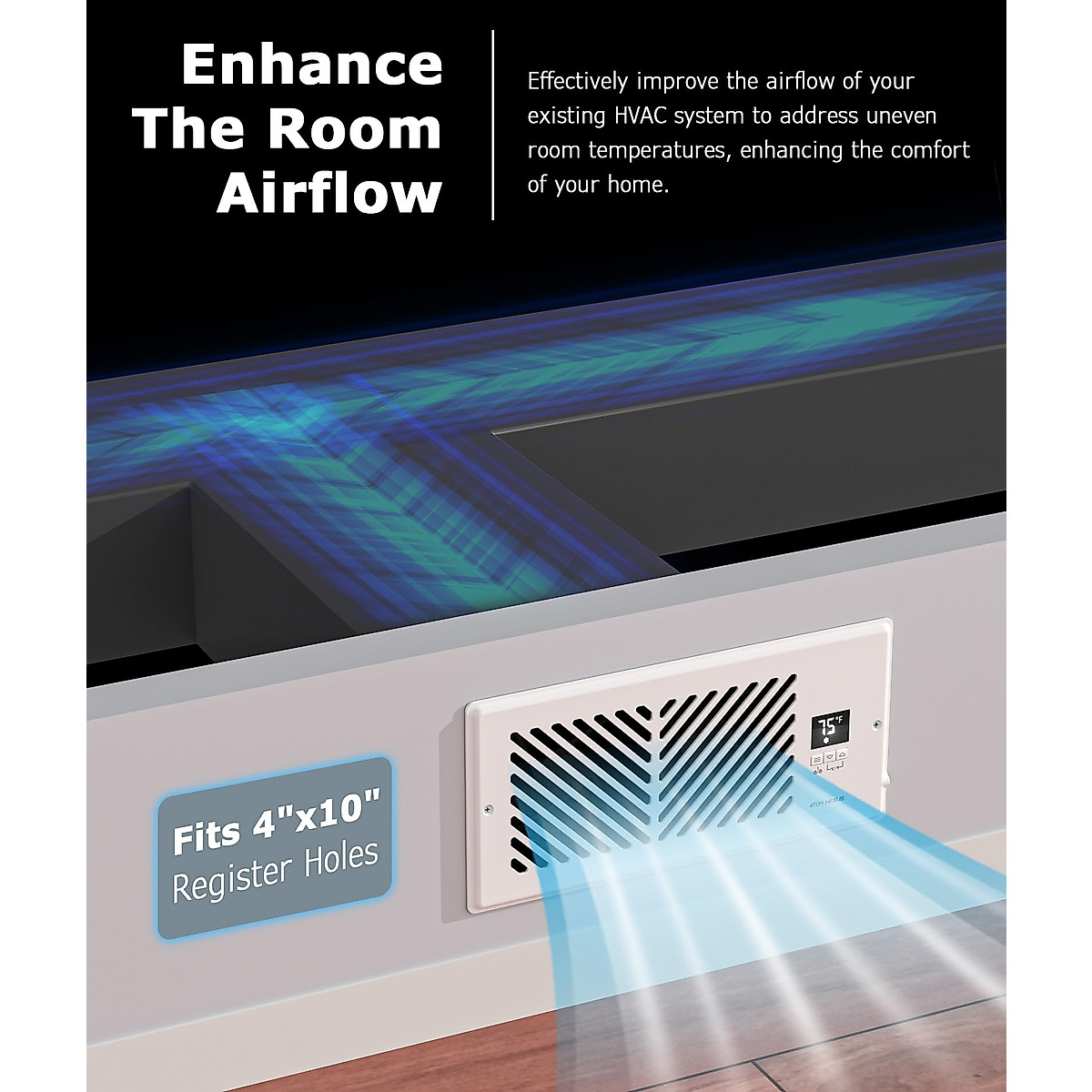 ATOM NEXUS AirBlaze Z4, Quiet Register Booster Fan Fits 4”x10” Register Holes, Smart Vent Booster Fan With Thermostat Control & Remote Control, 10-Speed Control Heating Cooling AC Vent Fan (White)