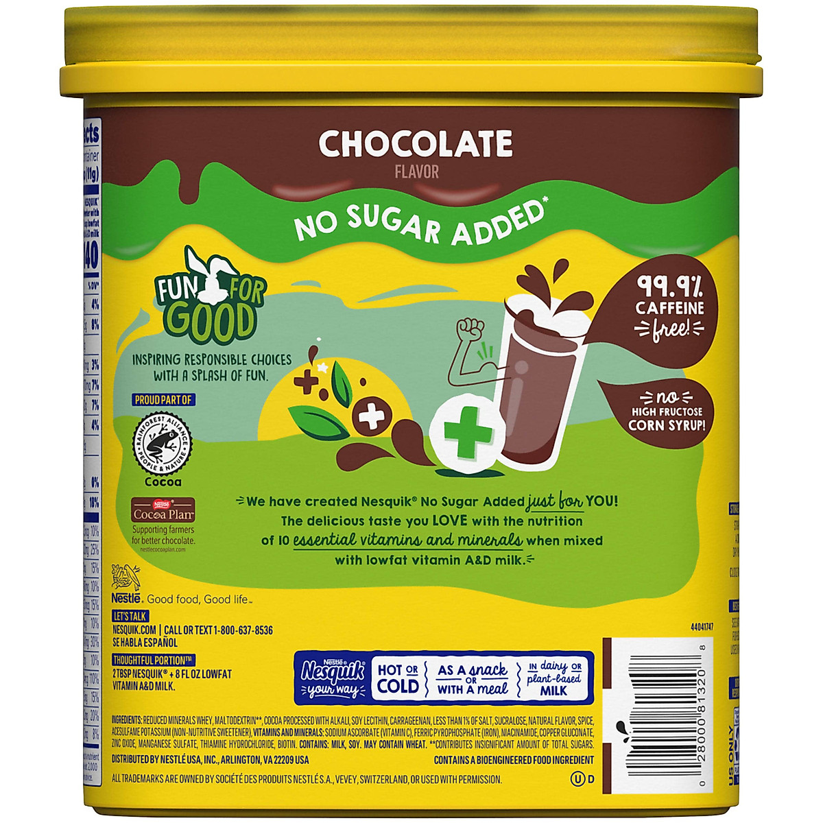 NESTLE NESQUIK No Sugar Added Chocolate Flavored Powder 16 oz. Canister