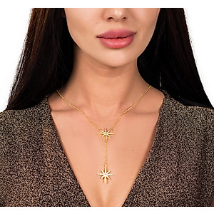 Savlano 14K Yellow Gold Plated Cubic Zirconia Round Cut Starburst 18 Inches Pendant Chain Necklace For Women