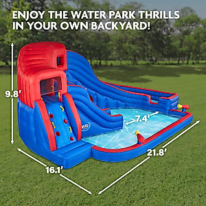 Sunny & Fun Deluxe Adventure Inflatable Water Slide Park – Heavy-Duty for Outdoor Fun - Climbing Wall, 2 Slides & Splash Pool – Easy to Set Up & Inflate with Included Air Pump & Carrying Case