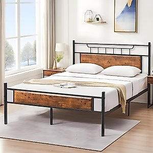 VECELO Queen Size Platform Bed Frame with Wood Headboard/Premium Steel Slats Support/No Box Spring Needed,Brown(Crown)