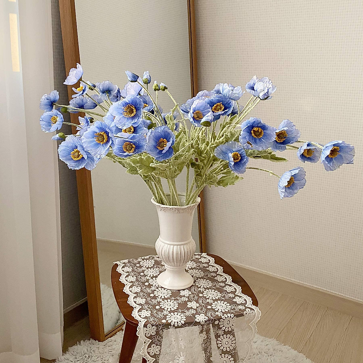 Kamang Artificial Poppy Blue Silk Flowers (3 Stems) for Home Decor, DIY Bouquet, Wedding. Real Touch Blue Silk Flower, Artificial Plants Poppy Blue Flowers Table Centerpiece (Himalayan Blue)