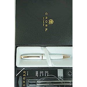 A.T. Cross Pearlescent Lightening White Medalist and 23KT Rose Gold Appointments and Cross signature mid Band Calaise Ballpoint Pen and two Bonus refills A Gift Pen for Anyone and Any Occasion