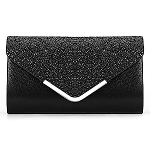 Yuanlar Womens Glitter Envelope Wedding Clutches Evening Bags Shoulder Chain Purse (Black)