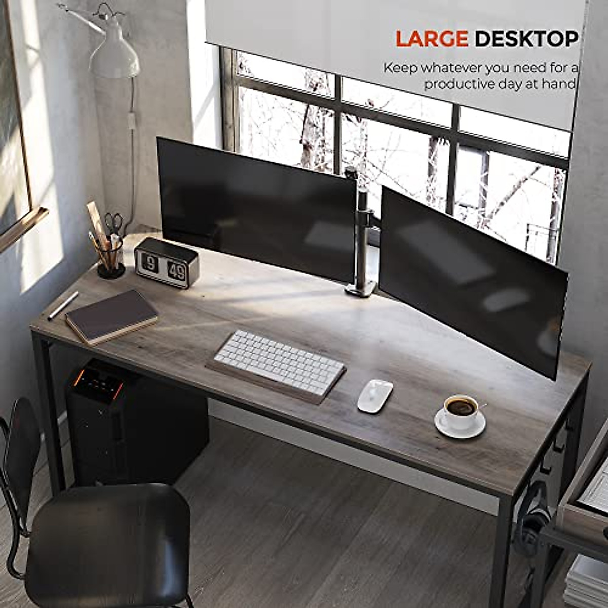 VASAGLE ALINRU Computer Desk, 55-Inch Writing Desk, Office Desk with 8 Hooks, for Study, Home Office, Easy Assembly, Steel Frame, Industrial Design, Greige and Black ULWD059B02