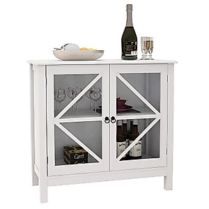 Modern Buffet Cabinet, Display Sideboard Cabinet with Double Glass Doors Kitchen Buffet Console Table with Metal Handle Kitchen Cupboard for Bathroom, Living Room, Bedroom, Kitchen, White