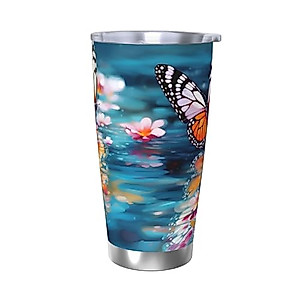 AYCZN Butterfly Flower Water 20 OZ Tumbler Stainless Steel Travel Coffee Mug, Spring Floral Insulated Water Bottle with Lid and 2 StrawsLeakproof Thermal Cup