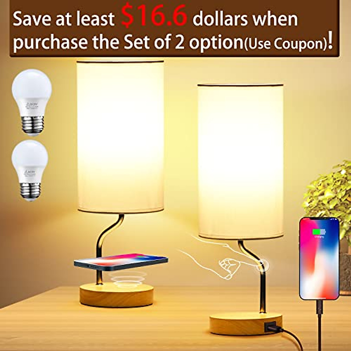 Upgraded Smart Bedside Table Lamp with Wireless Charger & USB Ports - Touch Control LED Desk Lamp for Bedroom, Dimmable Wooden Nightstand Lamp with Fabric Shade for Living Room, Kid's Room,or Office