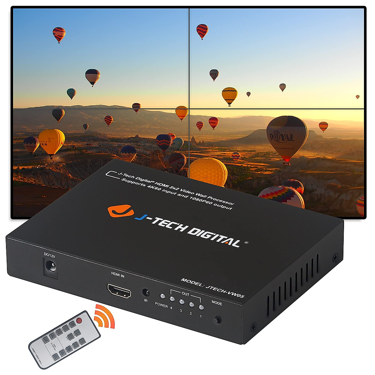 J-Tech Digital 4K60Hz 2x2 Video Wall Controller Processor 4k60Hz in, 1080P60hz out w/ Image Rotation, 8 Display Modes. HDCP 1.4 [JTECH-VW05]