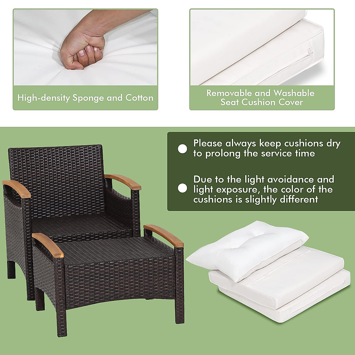 HAPPYGRILL 5 Pieces Patio Furniture Set Outdoor PE Wicker Lounge Chair and Ottoman Set with Cushions and Side Table with Acacia Wood Tabletop, Outdoor Conversation Set for Garden Poolside Backyard