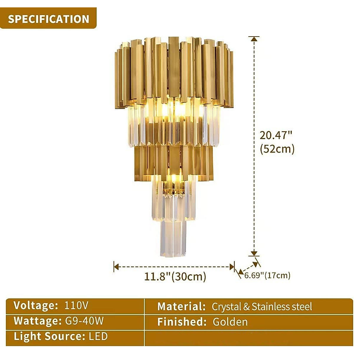 WABON Modern Crystal Wall Sconce Lighting 3-Light Gold Wall Sconce Crystal Hallway Wall lamp for Living Room Antique Gold