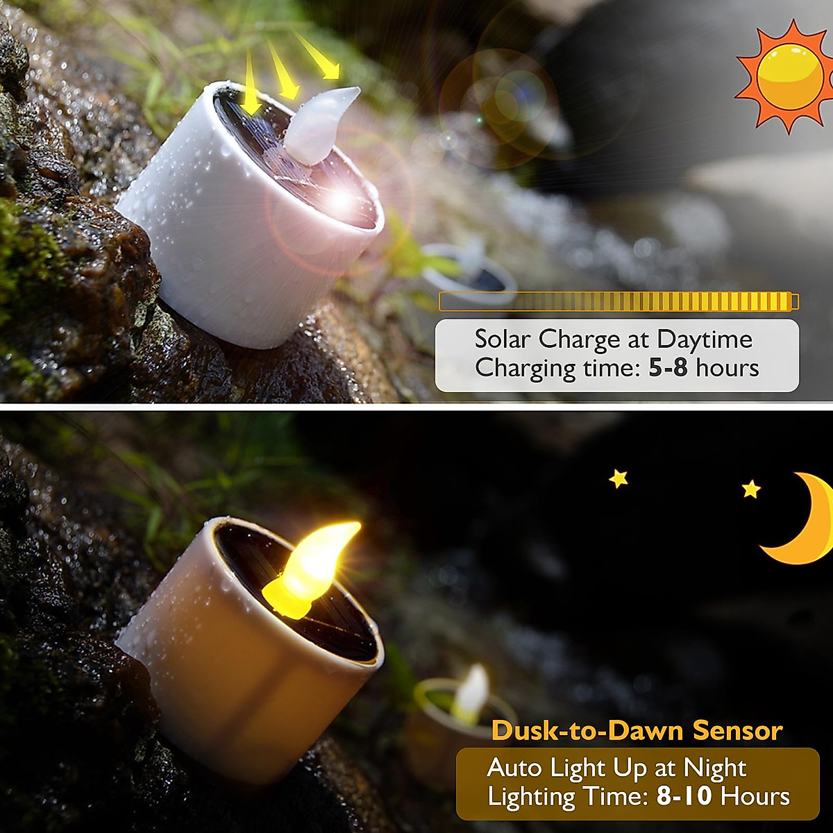 PChero 6pcs Solar Candles Outdoor Waterproof, Rechargeable LED Flameless Votive Pumpkin Tea Lights with Dusk to Dawn Sensor for Lantern Garden Camping Party Home Decor