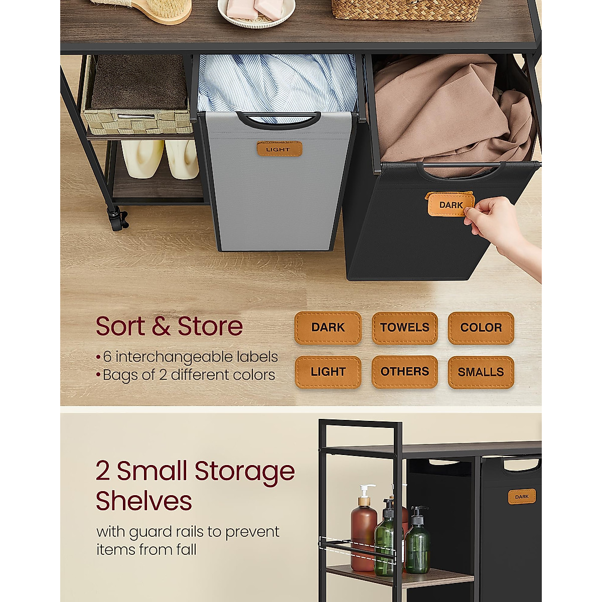 VASAGLE Laundry Hamper with 2 Compartments, 26.4 Gal. (100 L) Laundry Sorter, Rolling Laundry Cart with Shelves, Removable Liners, 6 Labels, Chestnut Brown, Ink Black and Dove Gray UBLH311B02