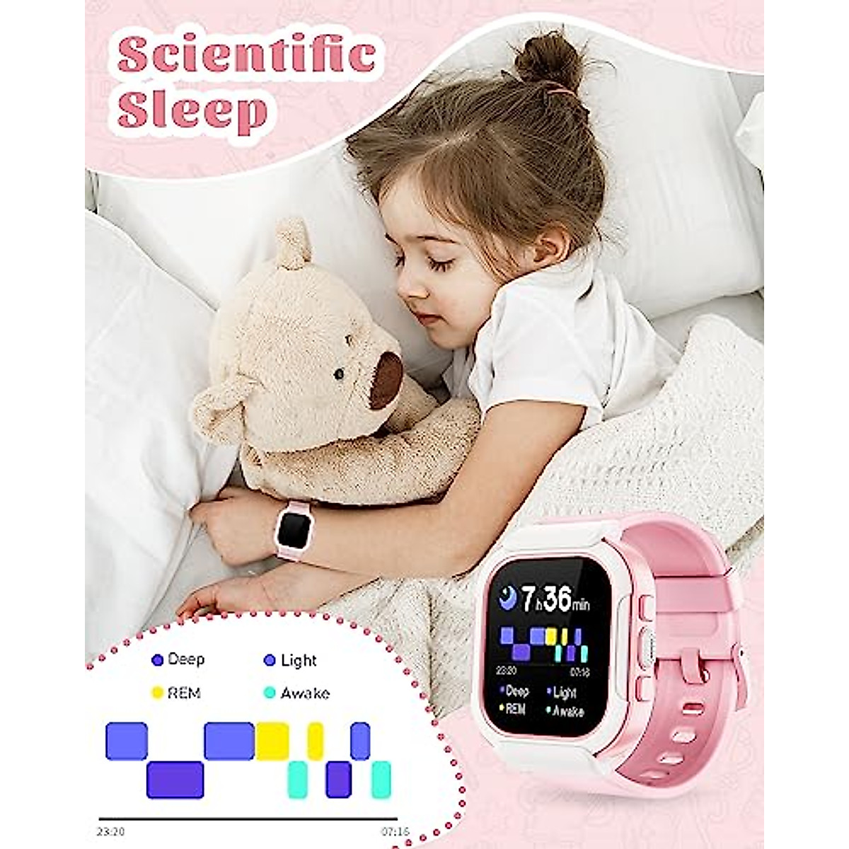 Cloudpoem Smart Watch for Kids Girls Boys, Kids Watch Fitness Tracker Watch with Pedometer Heart Rate Monitor Sleep Tracker Alarm Clocks Puzzle Games Calculator IP68 Waterproof, Kids Gift Pink