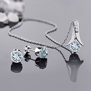 Gem Stone King 925 Sterling Silver Aquamarine Pendant and Earrings Jewelry Set For Women (2.25 Cttw, Round Gemstone Birthstone, with 18 Inch Silver Chain)