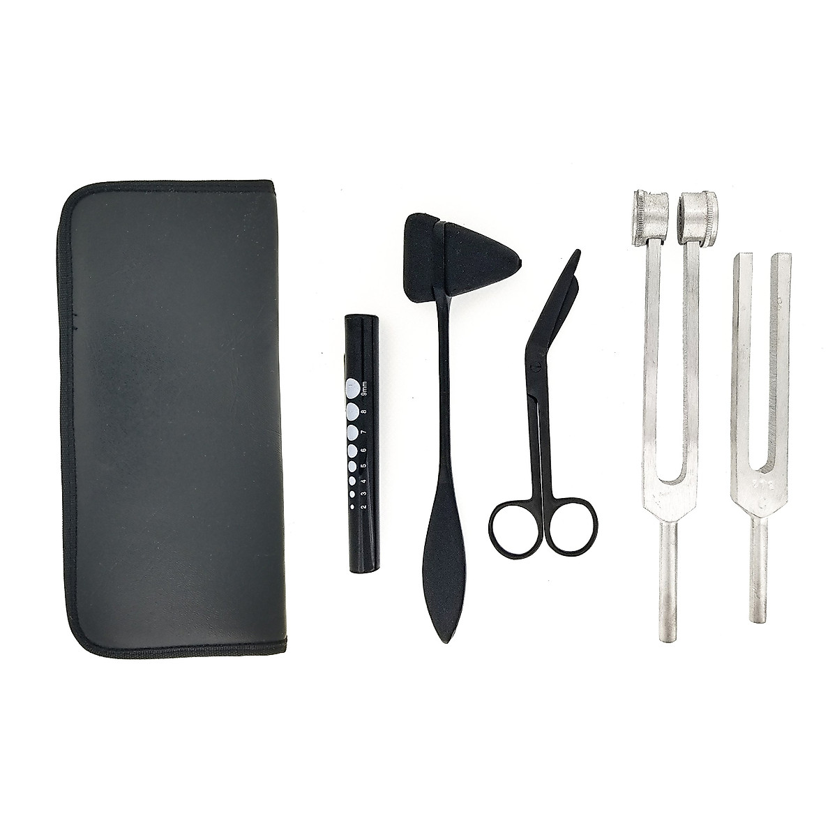SURGICAL ONLINE Ultimate Medical Student Diagnostic Set - Premium Stethoscope & Tactical Black Set of 5 pcs Reflex Percussion Taylor Hammer + Penlight + Tuning Fork C 128 C 512 + Bandage Scissors 5.5