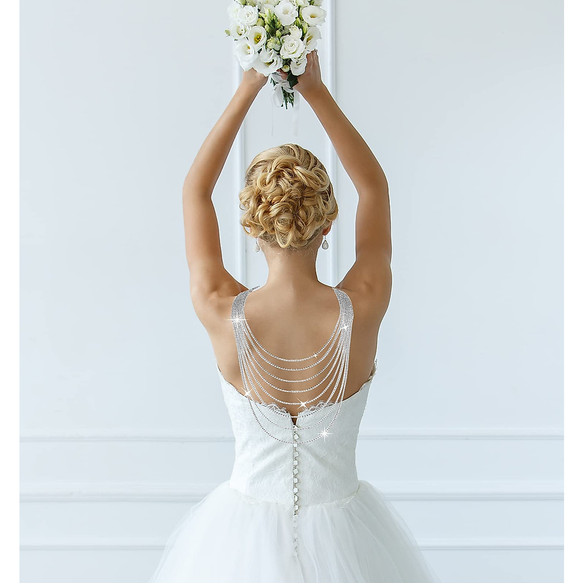 Layered Rhinestone Backdrop Necklace for Women 8 Strand Crystal Choker and Back Chain Necklace Bridal Jewelry for Wedding Prom Party