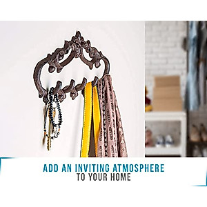 Cast Iron Wall Mounted Hanger – Vintage Design with 5 Hooks - For Keys, Towels, Robes, Clothes and More - Wall Mounted, Metal, Heavy Duty, Rustic, Vintage, Decorative Gift Idea - 12.6x5.9” | Brown